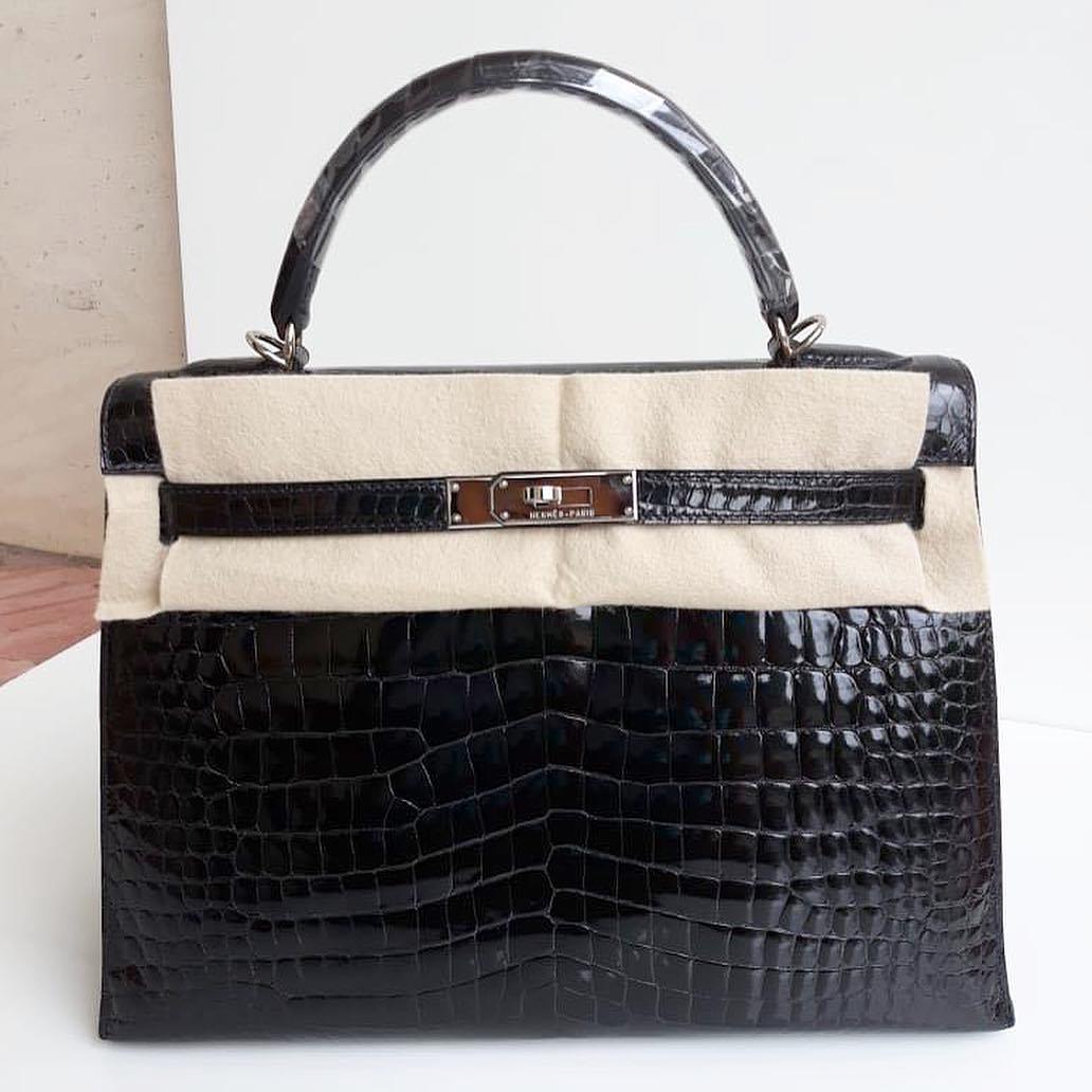 Hermes Kelly 32 Sellier Noir Black Porosus Lisse Shiny Palladium Hermes Kelly 32 Sellier Noir Black Porosus Lisse Shiny Palladium